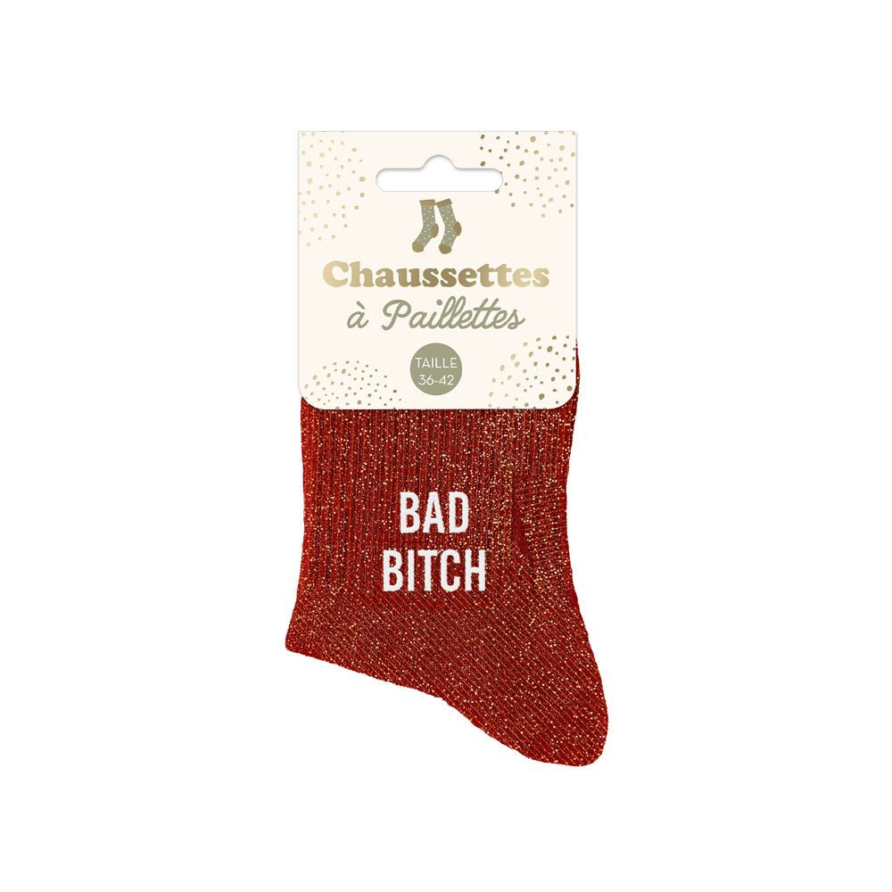 chaussettes courtes à paillettes dorées "bad bitch" rouges - 7,00