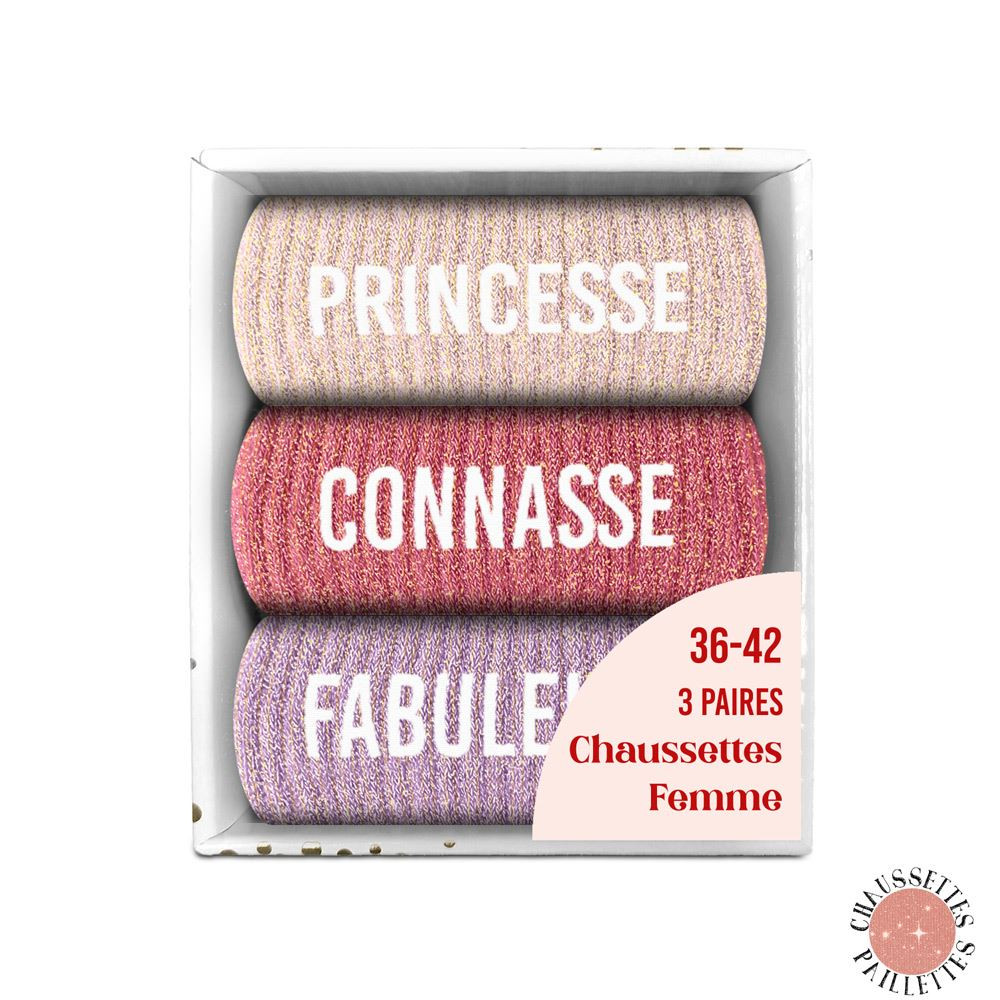 Lot 3 paires de chaussettes paillettes "princesse, connasse, fabuleuse ...