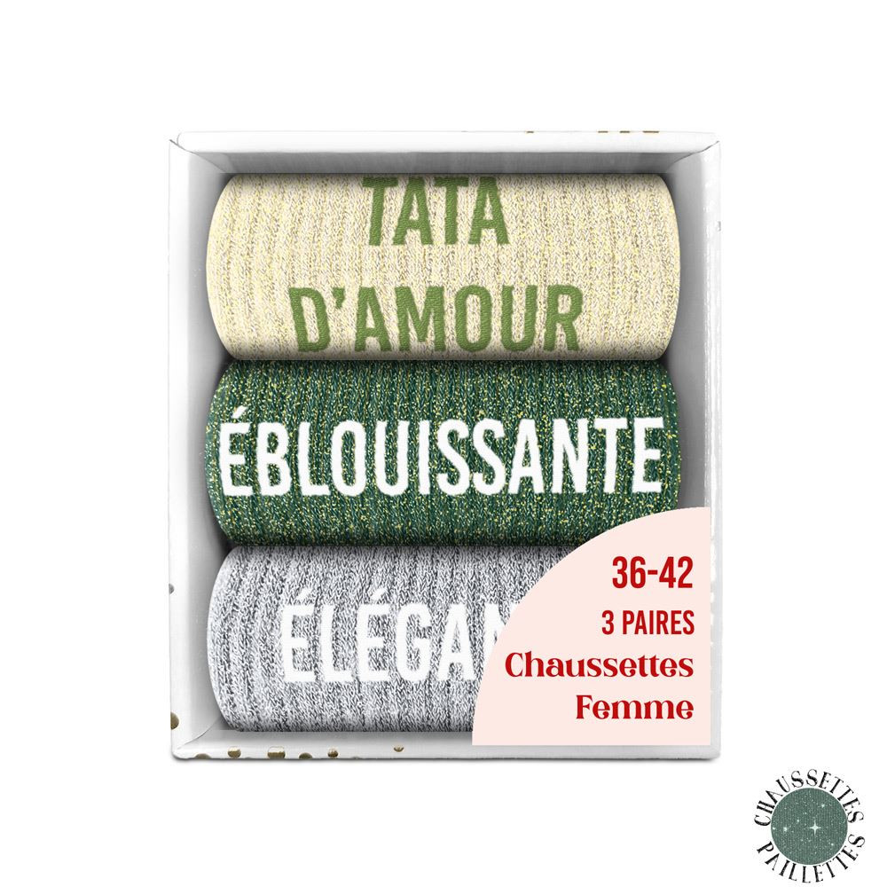Lot 3 paires de chaussettes paillettes "tata d'amour, éblouissante ...